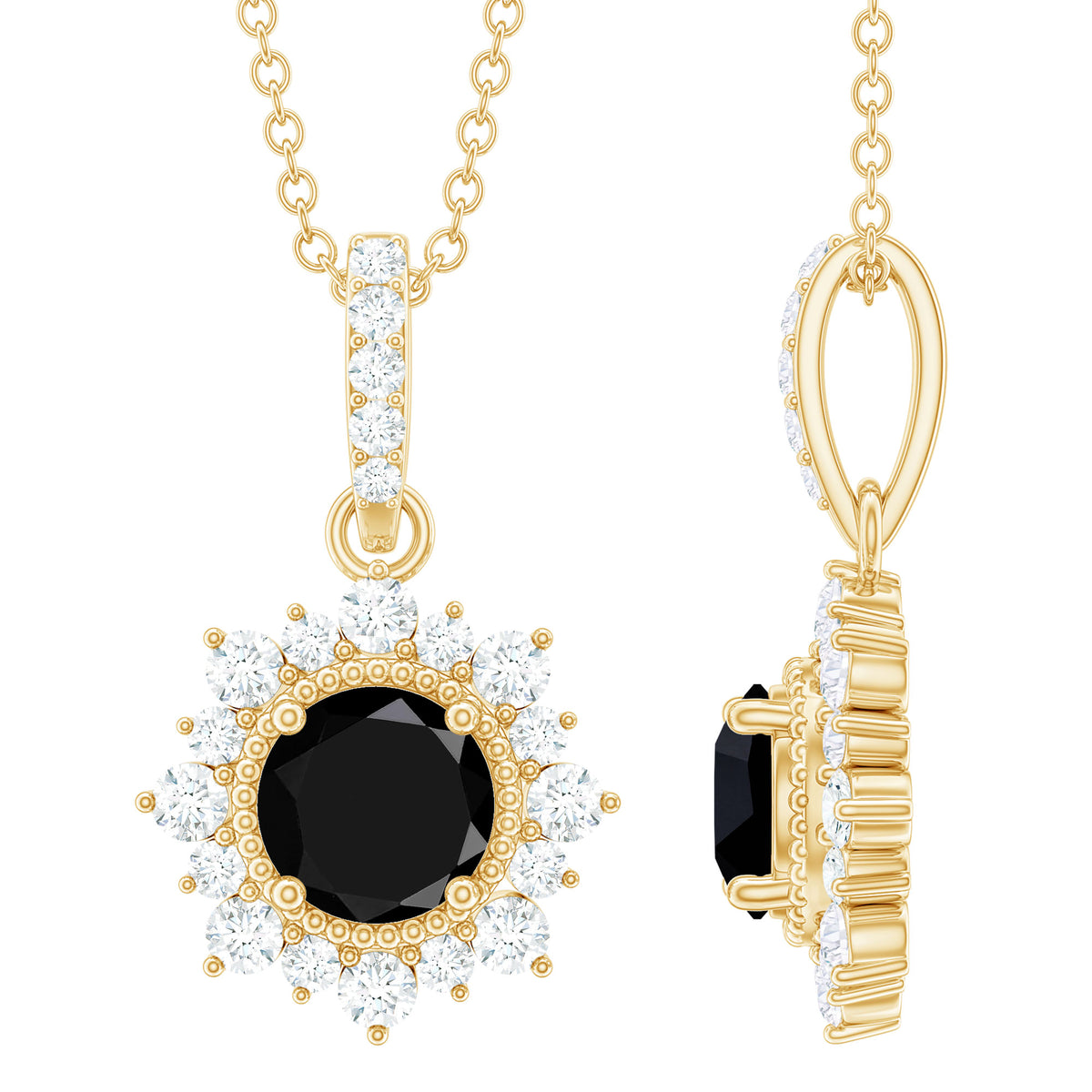 Round Black Spinel Halo Pendant with Diamond Accent Bail – Rosec Jewels