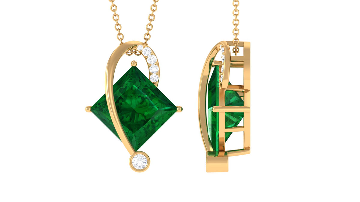 Certified Created Emerald Princess Cut Solitaire Diagonal Pendant with ...