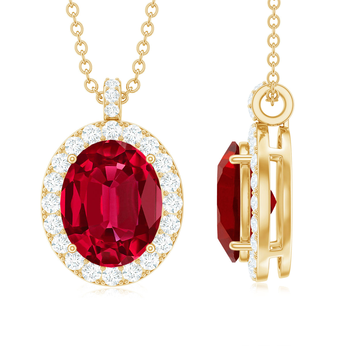 Oval Created Ruby Cocktail Halo Pendant with Diamond Accent Bail ...