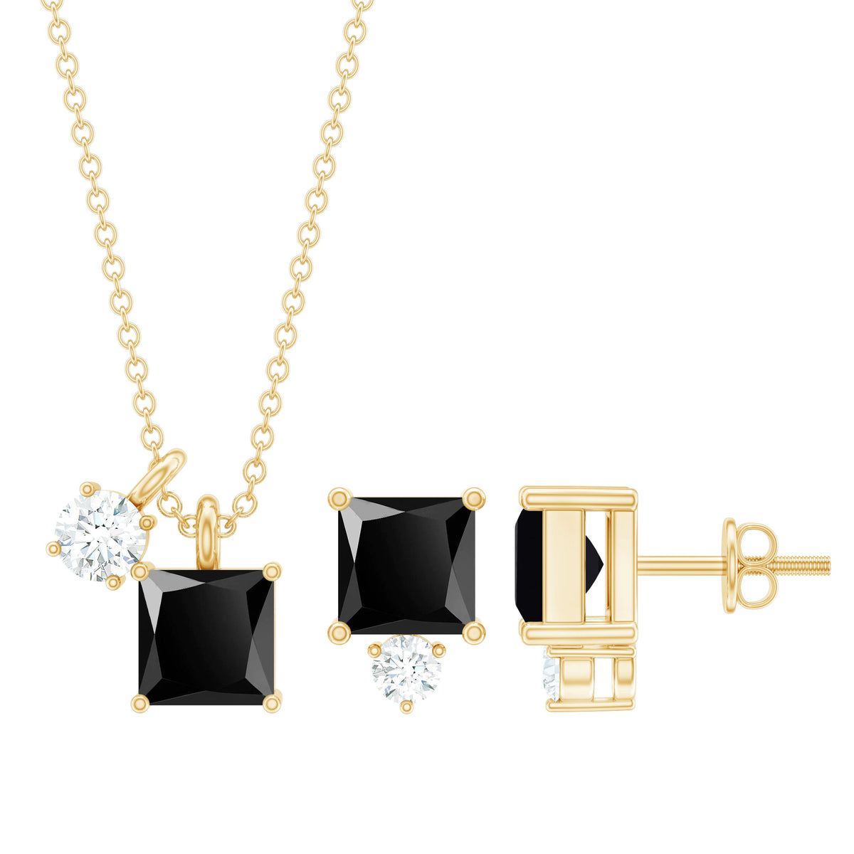 Natural 1.65 Carat Princess Cut Black Onyx Pendant and Earrings Set wi ...