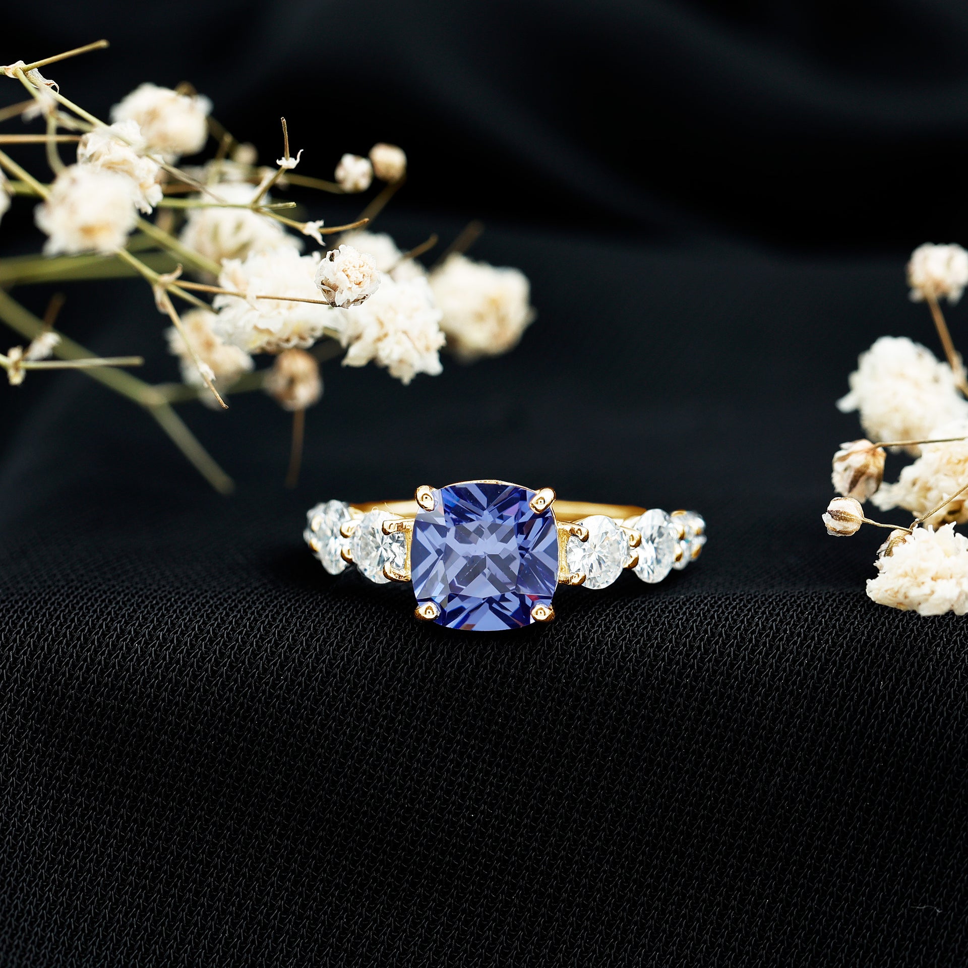 Cushion Cut Lab Grown Blue Sapphire Solitaire Ring with Moissanite ...
