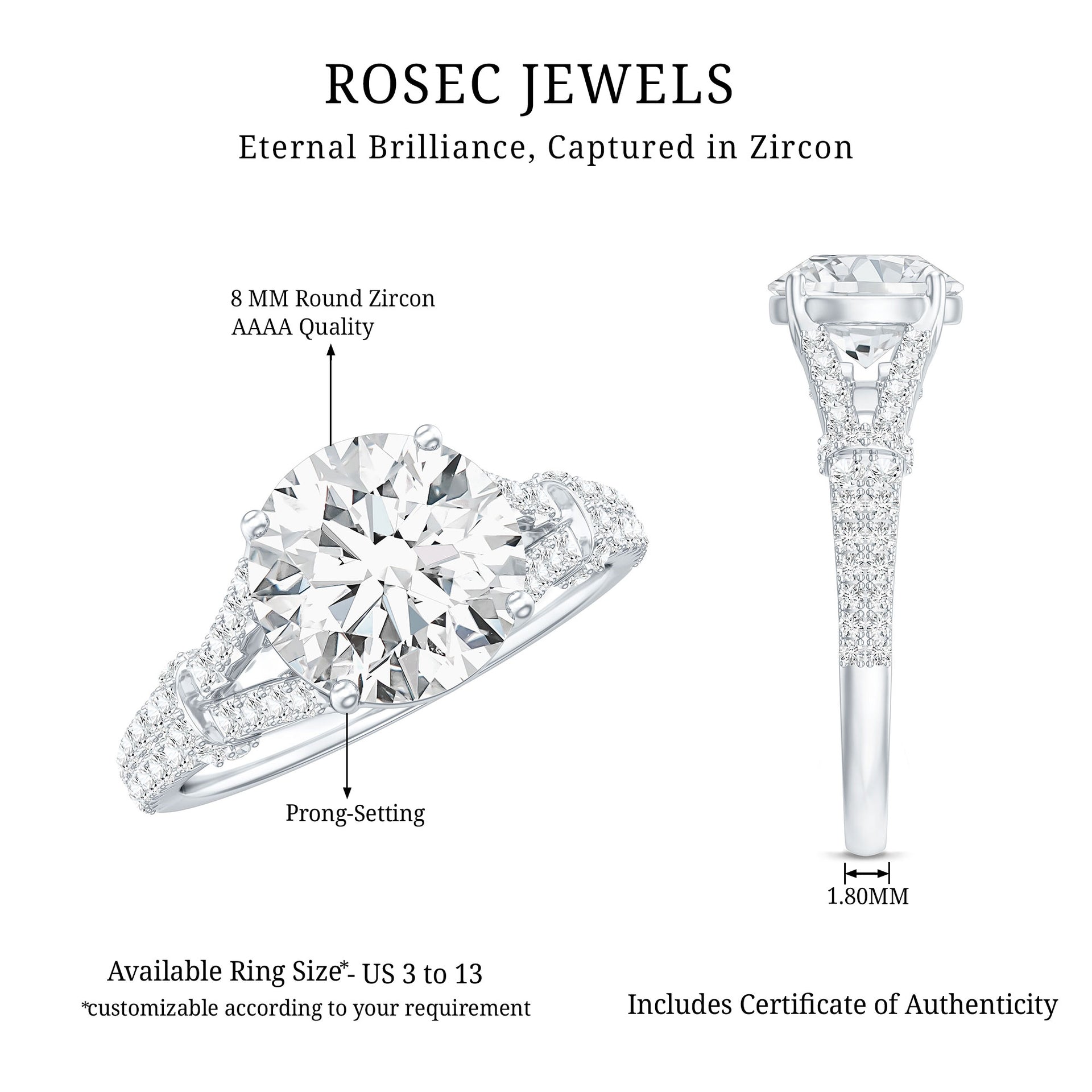 3 CT Simulated Diamond Solitaire Engagement Ring with Split Shank ...