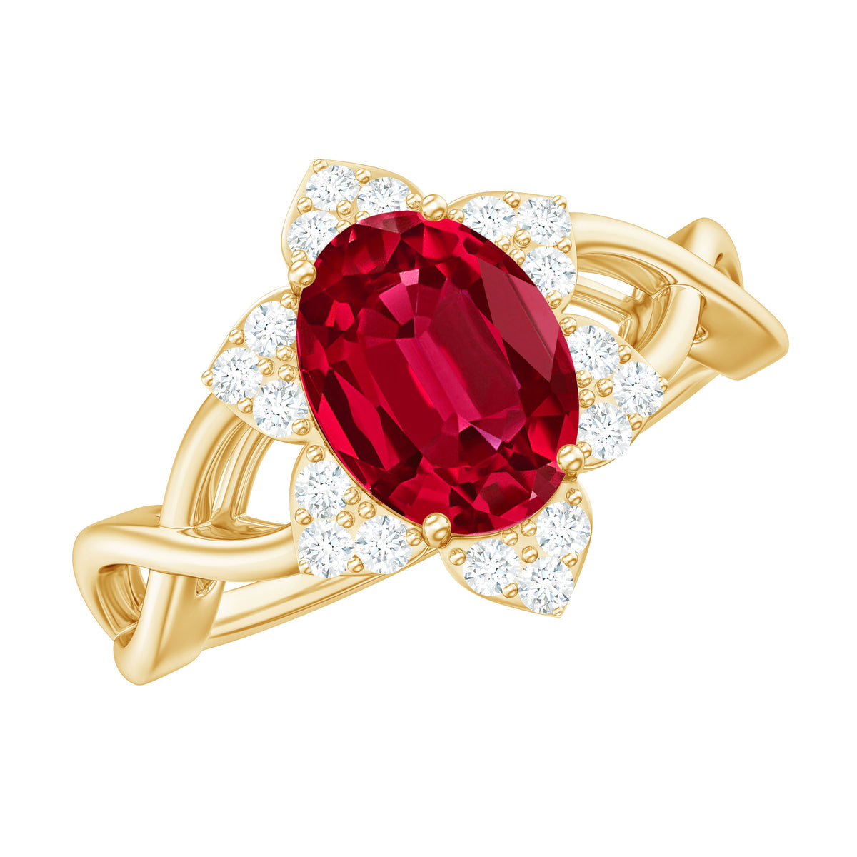 Oval Lab Grown Ruby Floral Ring with Diamond Halo – Rosec Jewels