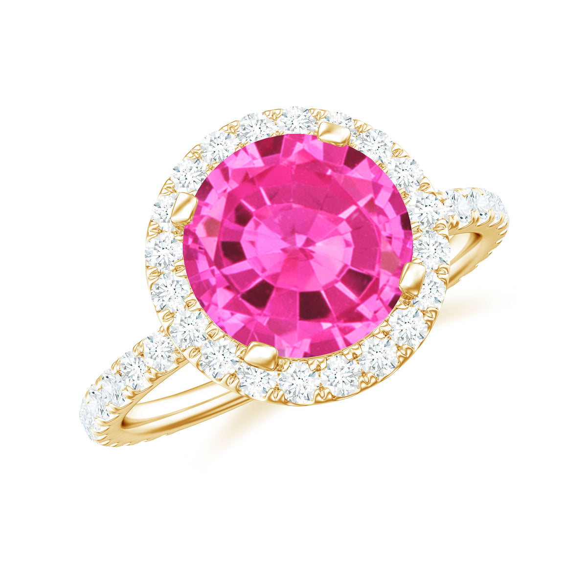 Round Lab Created Pink Sapphire Halo Engagement Ring with Diamond ...