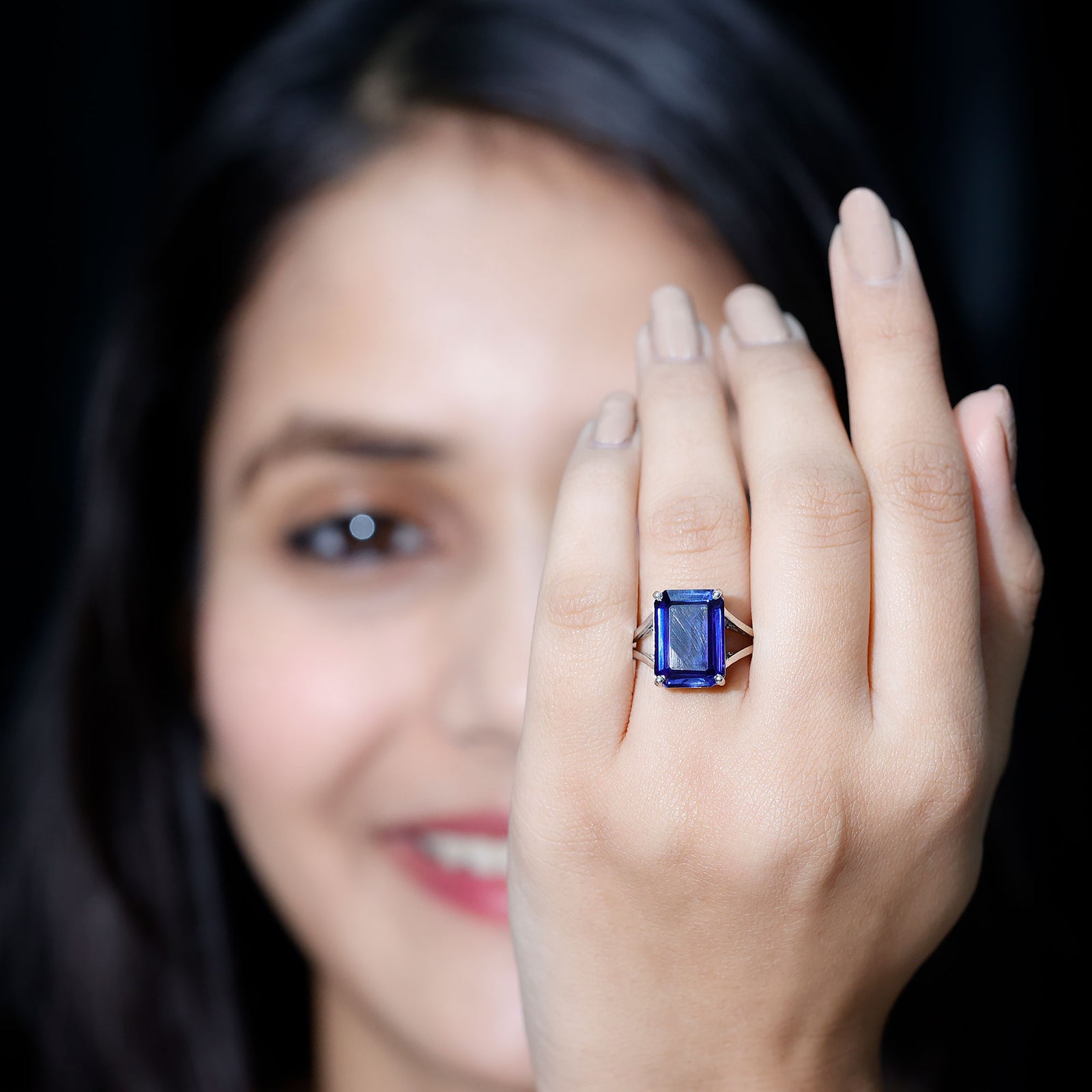 Emerald Cut Created Blue Sapphire Solitaire Engagement Ring – Rosec Jewels