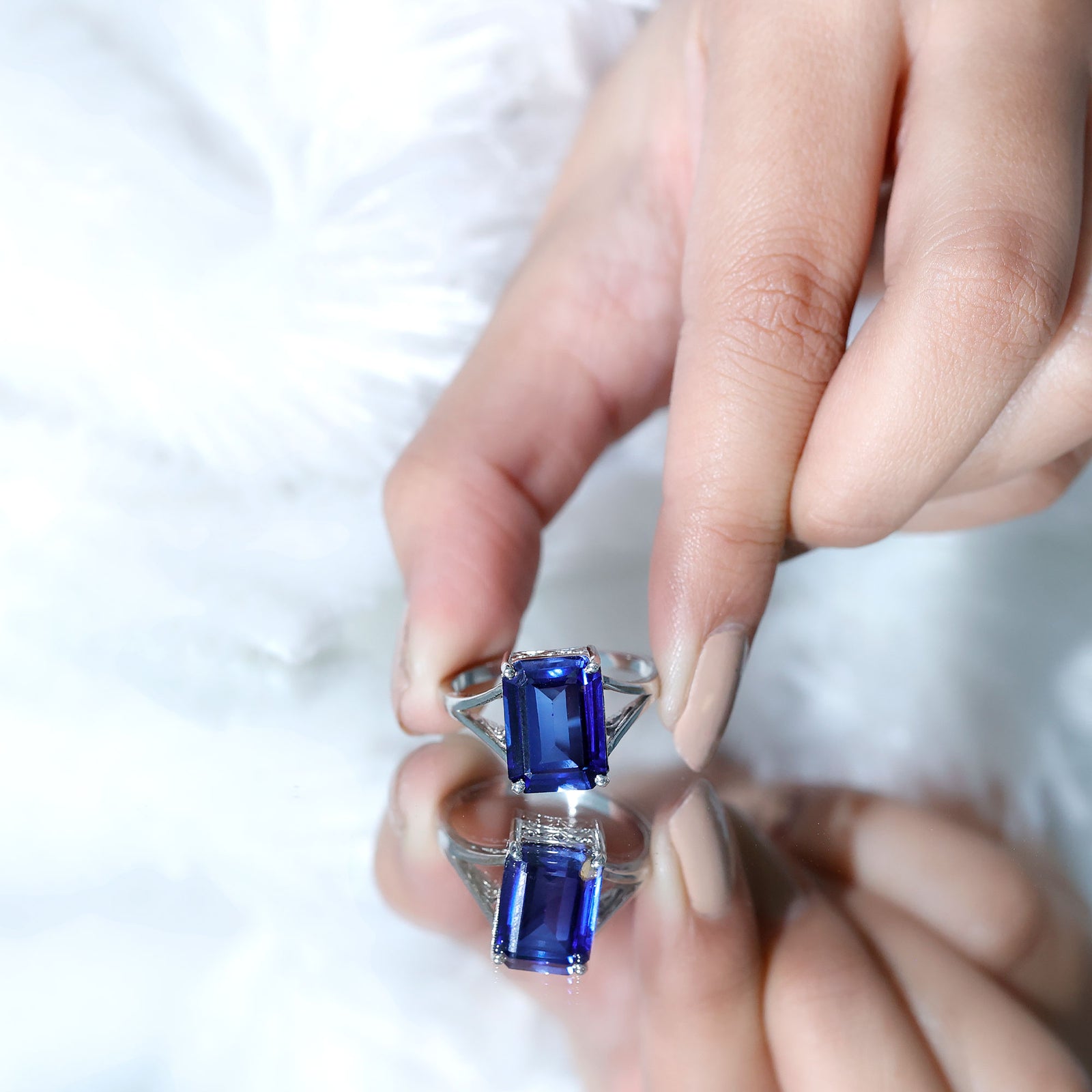 Emerald Cut Created Blue Sapphire Solitaire Engagement Ring – Rosec Jewels