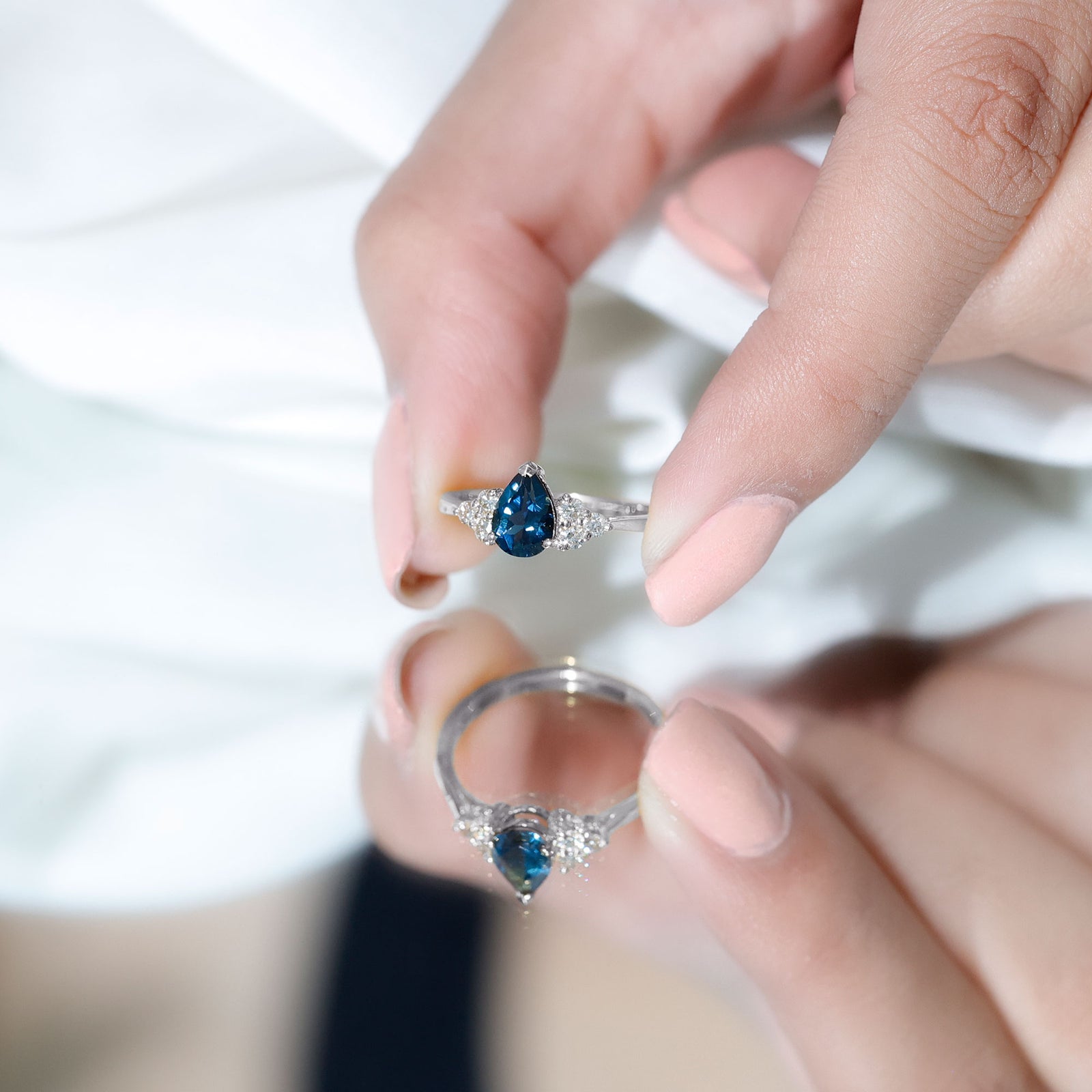 Pear Cut London Blue Topaz Engagement Ring with Diamond Trio – Rosec Jewels