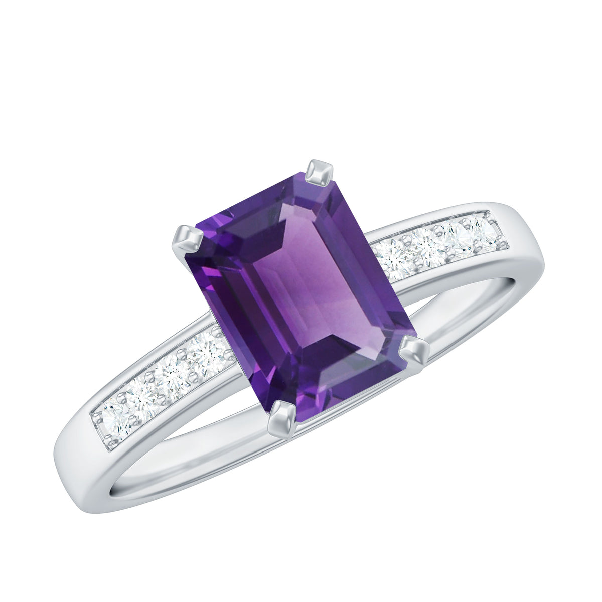 Octagon Cut Amethyst Solitaire Engagement Ring with Diamond Side Stone ...
