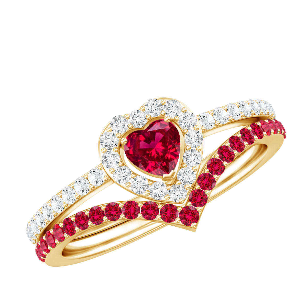 Lab Created Ruby and Diamond Heart Wedding Ring Set – Rosec Jewels