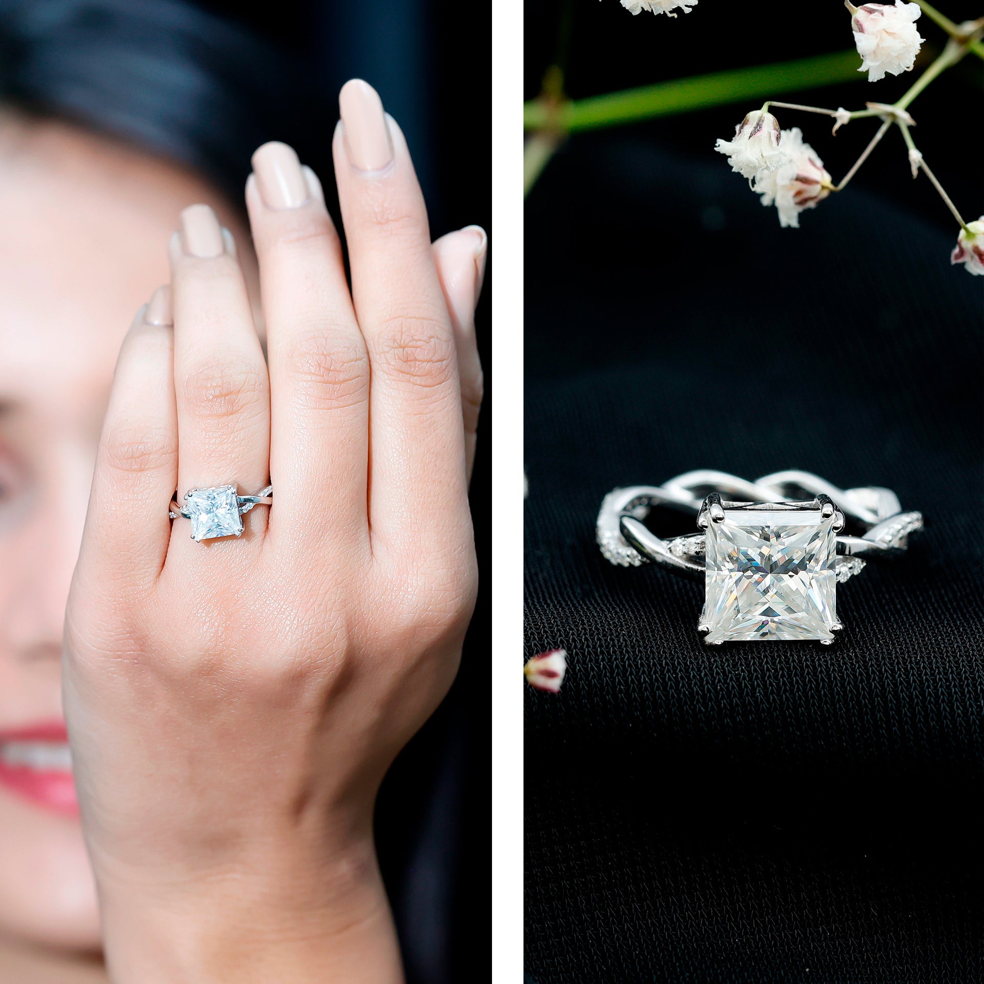 3 CT Princess Cut Solitaire Moissanite Braided Ring in Double Prong Se ...