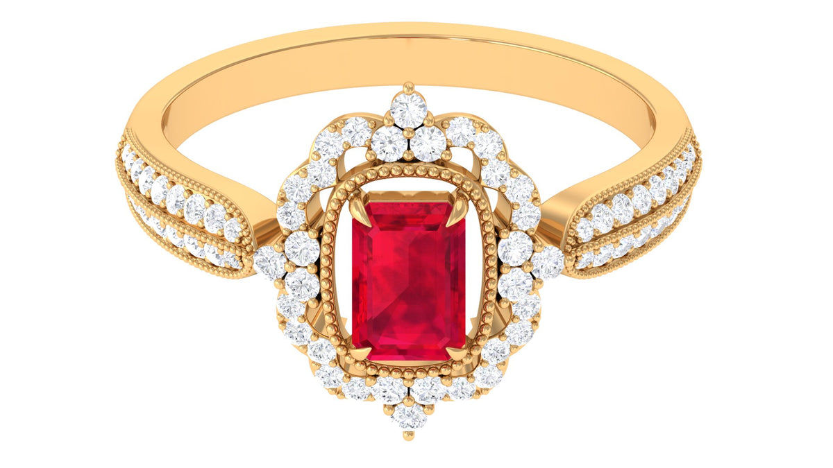 Vintage Style Emerald Cut Created Ruby Engagement Ring with Diamond Fl ...