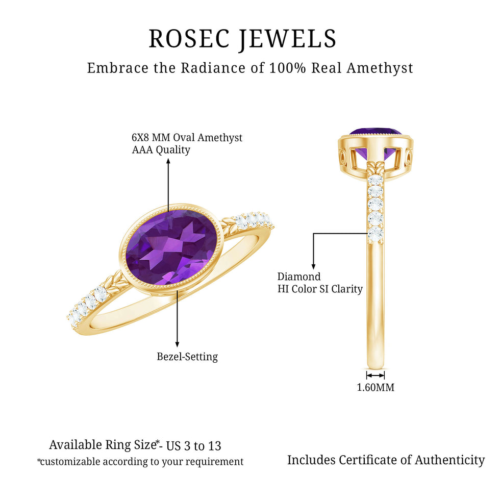 Oval Amethyst Solitaire Engagement Ring with Diamond Accents – Rosec Jewels