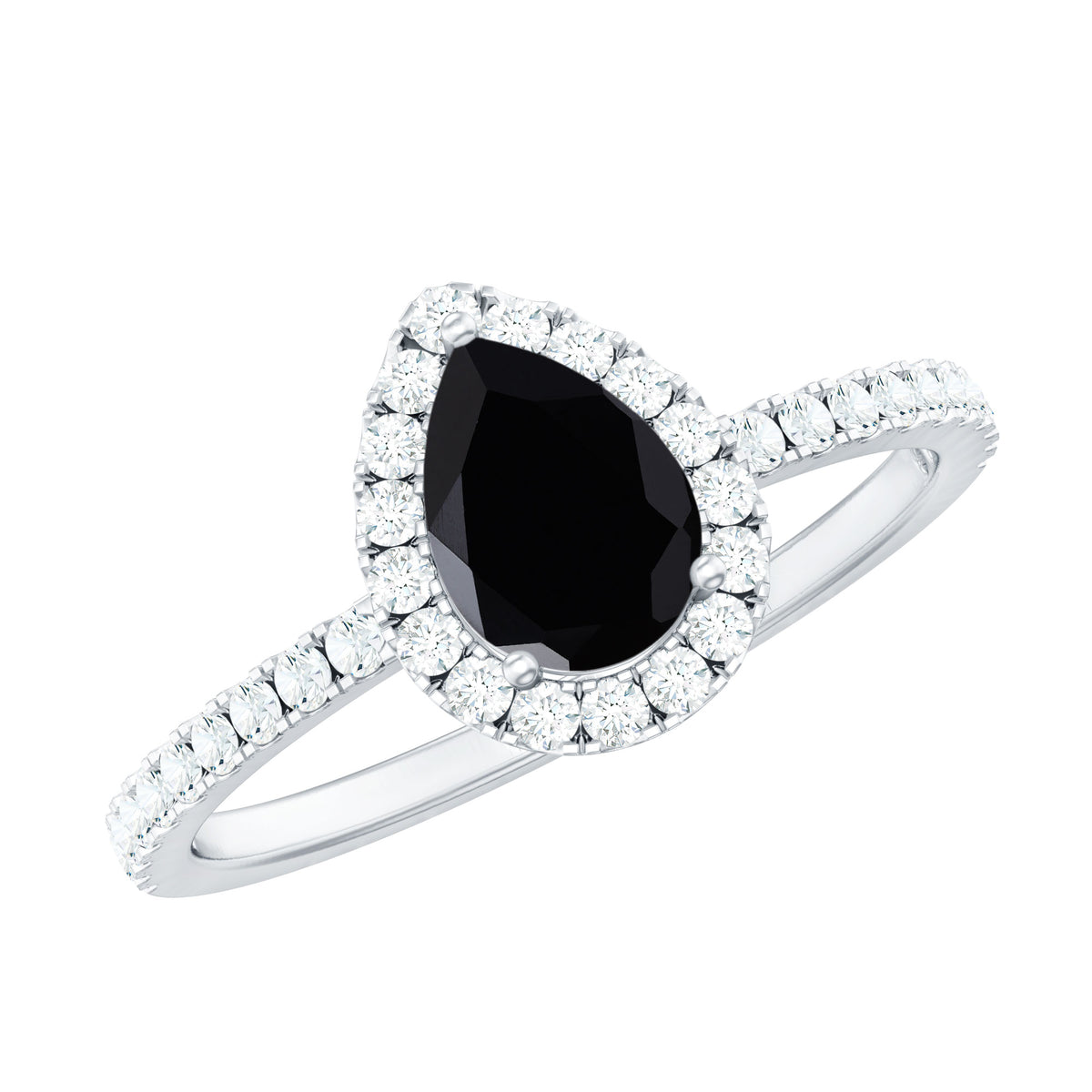 Lab-Created Black Diamond Teardrop Engagement Ring with Diamond Halo ...
