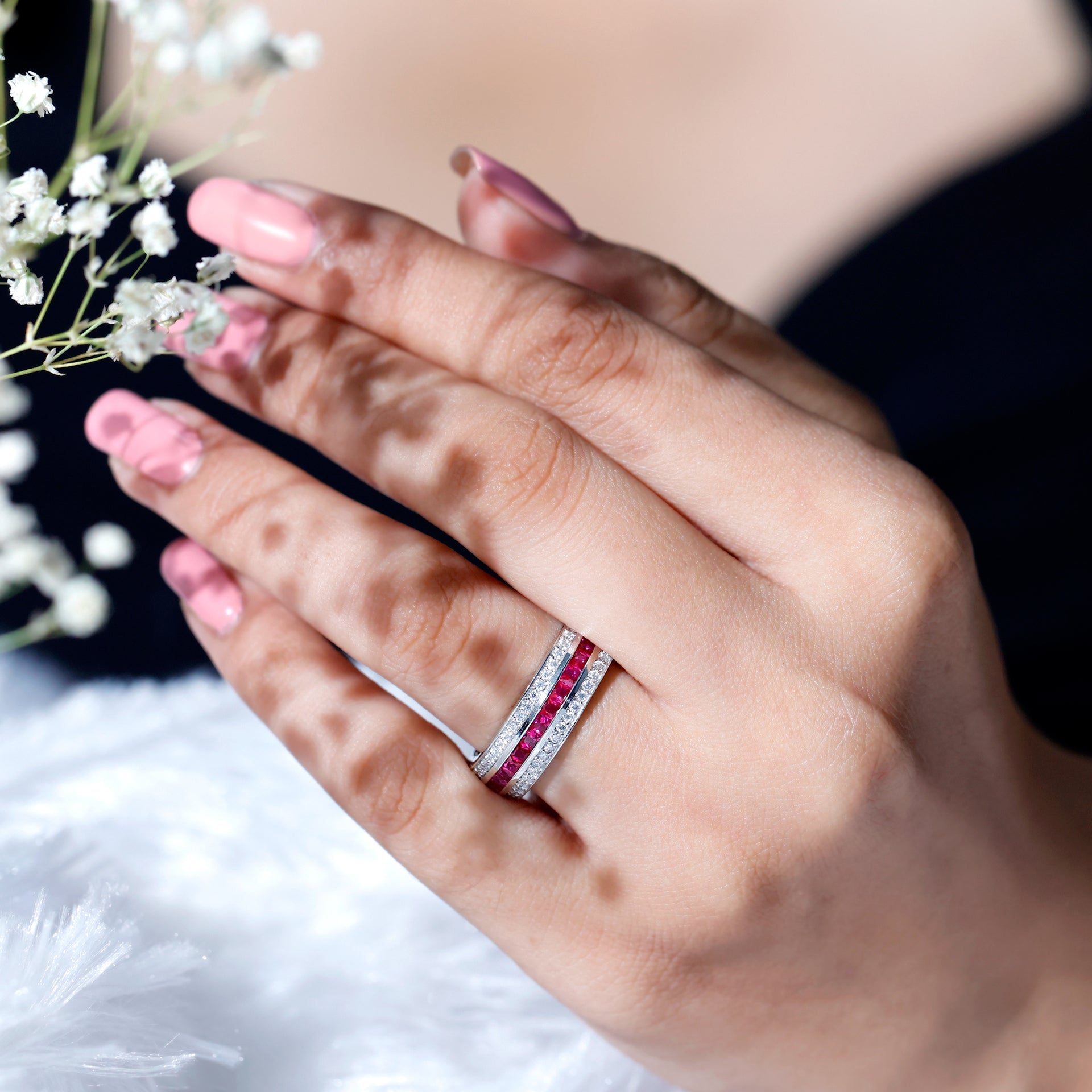 3 CT Princess Cut Lab Created Ruby and Moissanite Wedding Band – Rosec ...