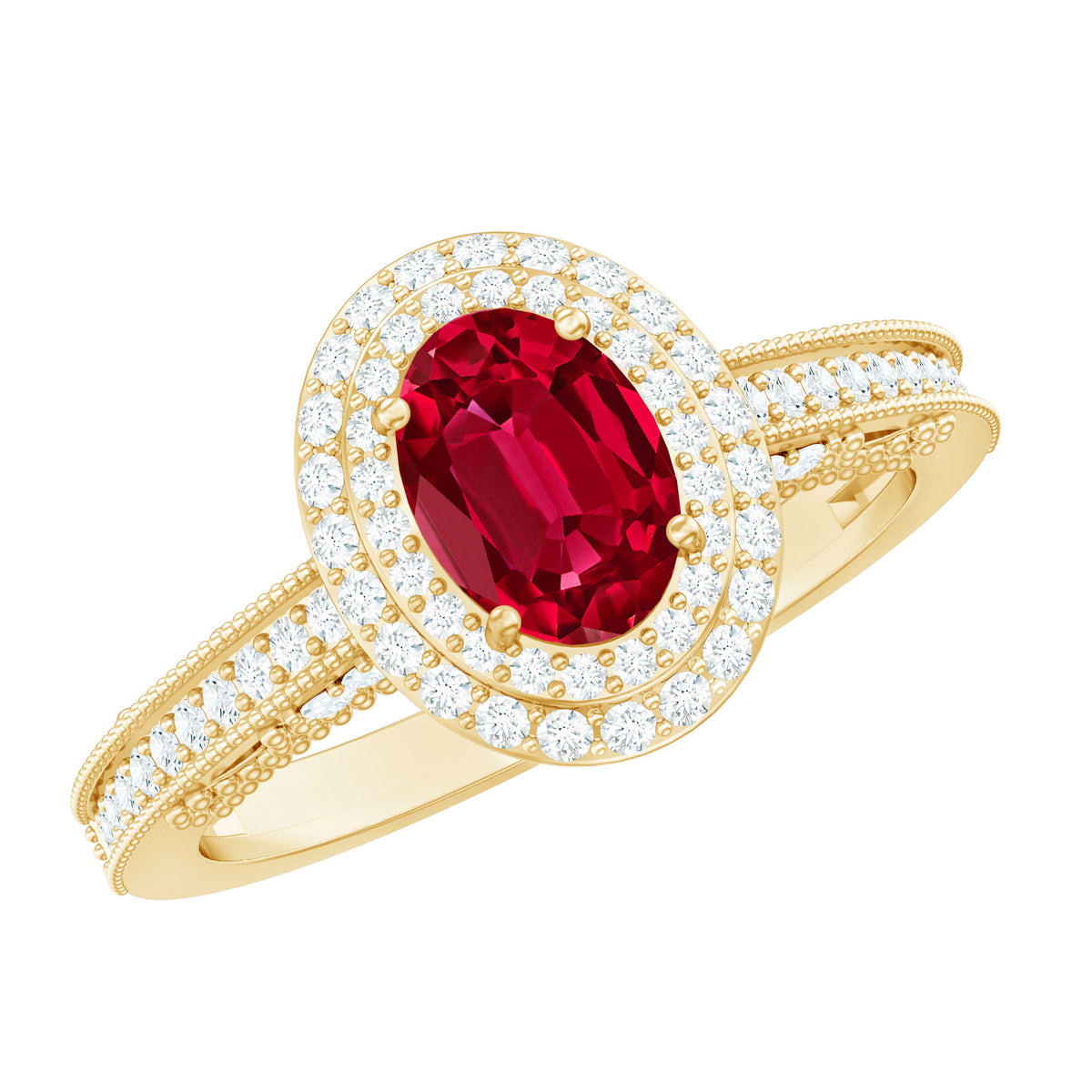 Oval Created Ruby Double Halo Engagement Ring with Diamond – Rosec Jewels