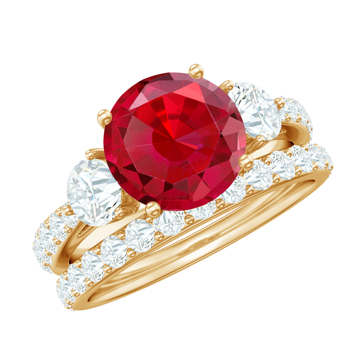 Classic Created Ruby Bridal Ring Set with Moissanite in Gold – Rosec Jewels